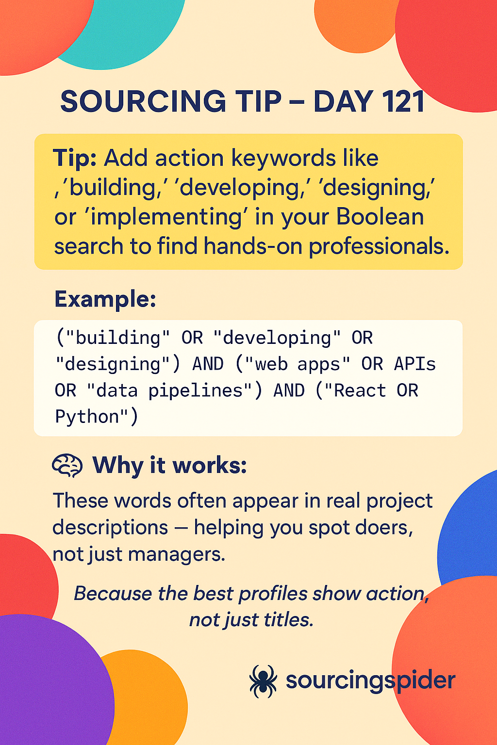 Sourcing Tip- Day 121 – Use action Keywords in Boolean Search. – SourcingSpider
